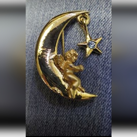 L Razza | Jewelry | Cupid Angel On Moon Brooch Pin Gold Tone With ...